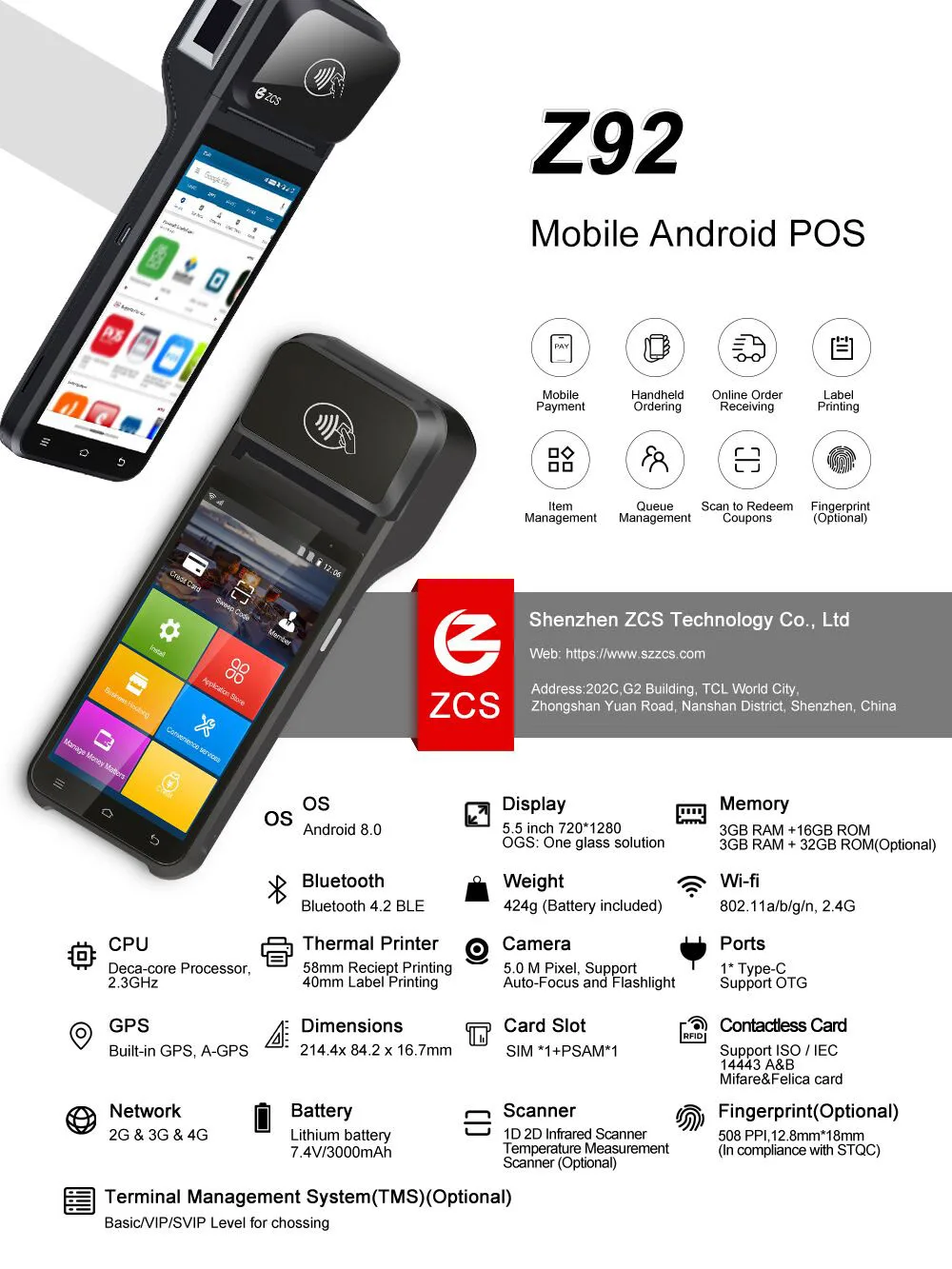 ZCS Z92 Handheld Barcode Scanner with Android 12 and Wifi