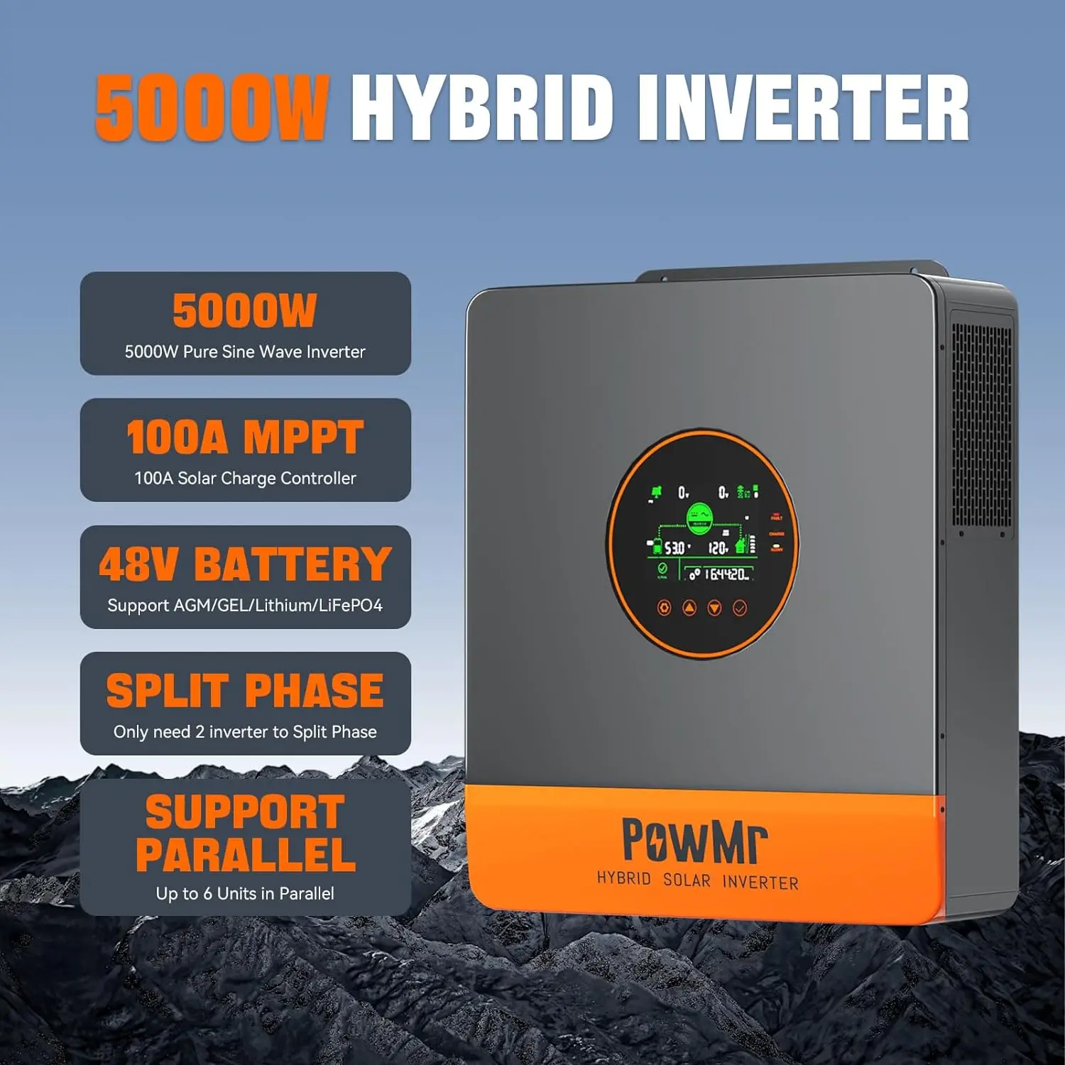 For PowMr 5KW 48Vdc Solar Inverter Off-Grid On-Grid 110/120Vac Output ...