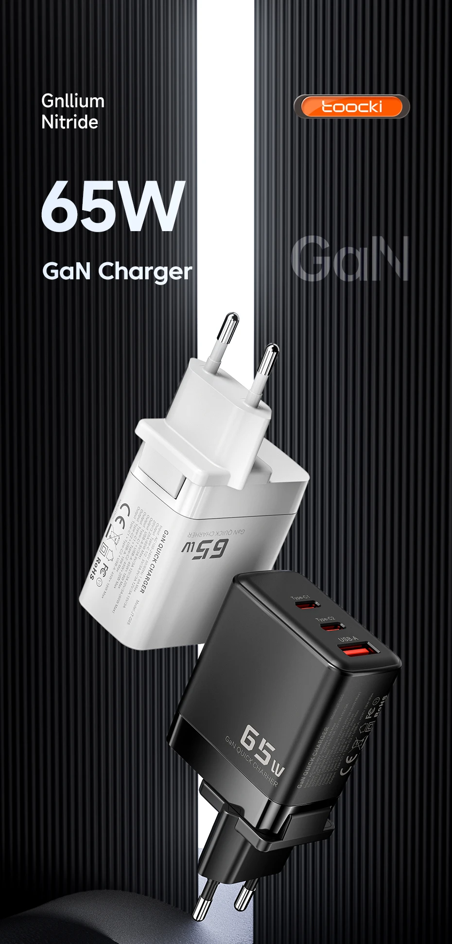 Toocki Best Quality Usb C Pd 3.0 Gan Charger 65 Watt Charger Type C ...