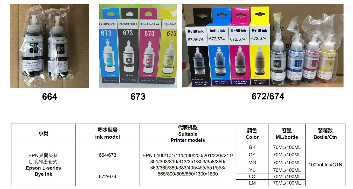 Premium Dye Ink 672/674/664/673 Model Type Special Refill Ink Printing ...