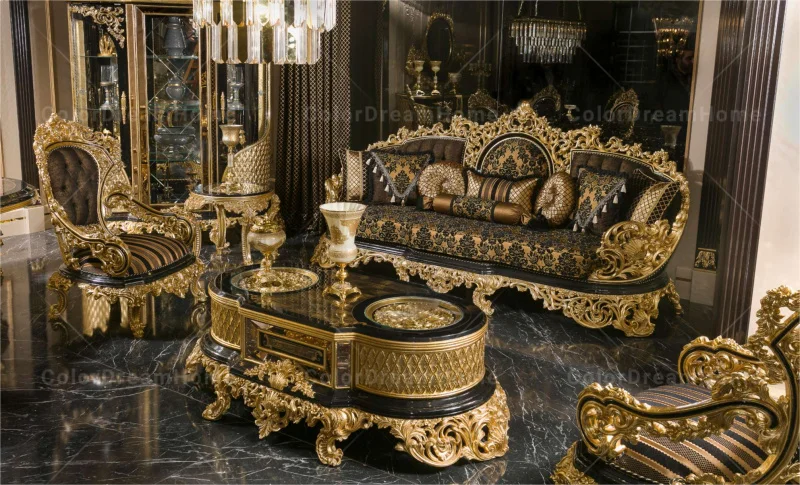 Royal Sofa Living Room - Golden Solid Wood Carved Set