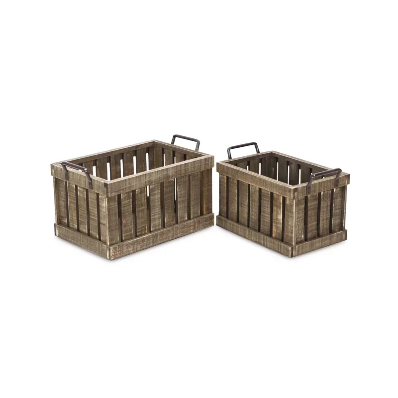 Metal Handles Wooden Slat Crate Set For Home Kitchen Office Storage ...