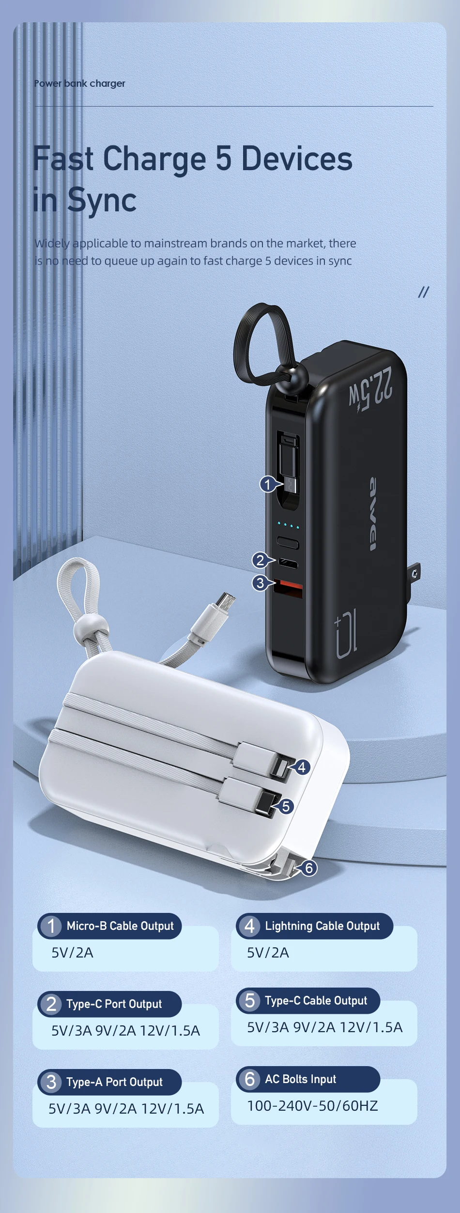 AWEI P189K Power Bank 10000Mah Portable Power Banks Built-in Charging ...