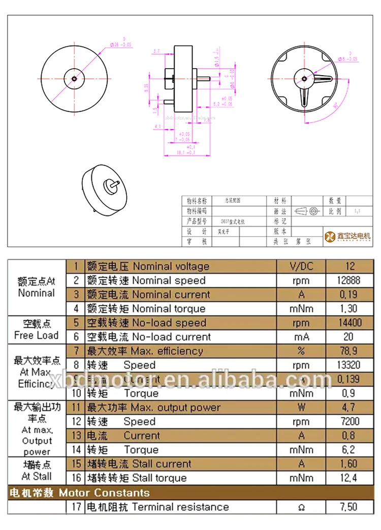 Axial Flux Motor DC 12V - 5W Coreless Sinbad XBD 2607