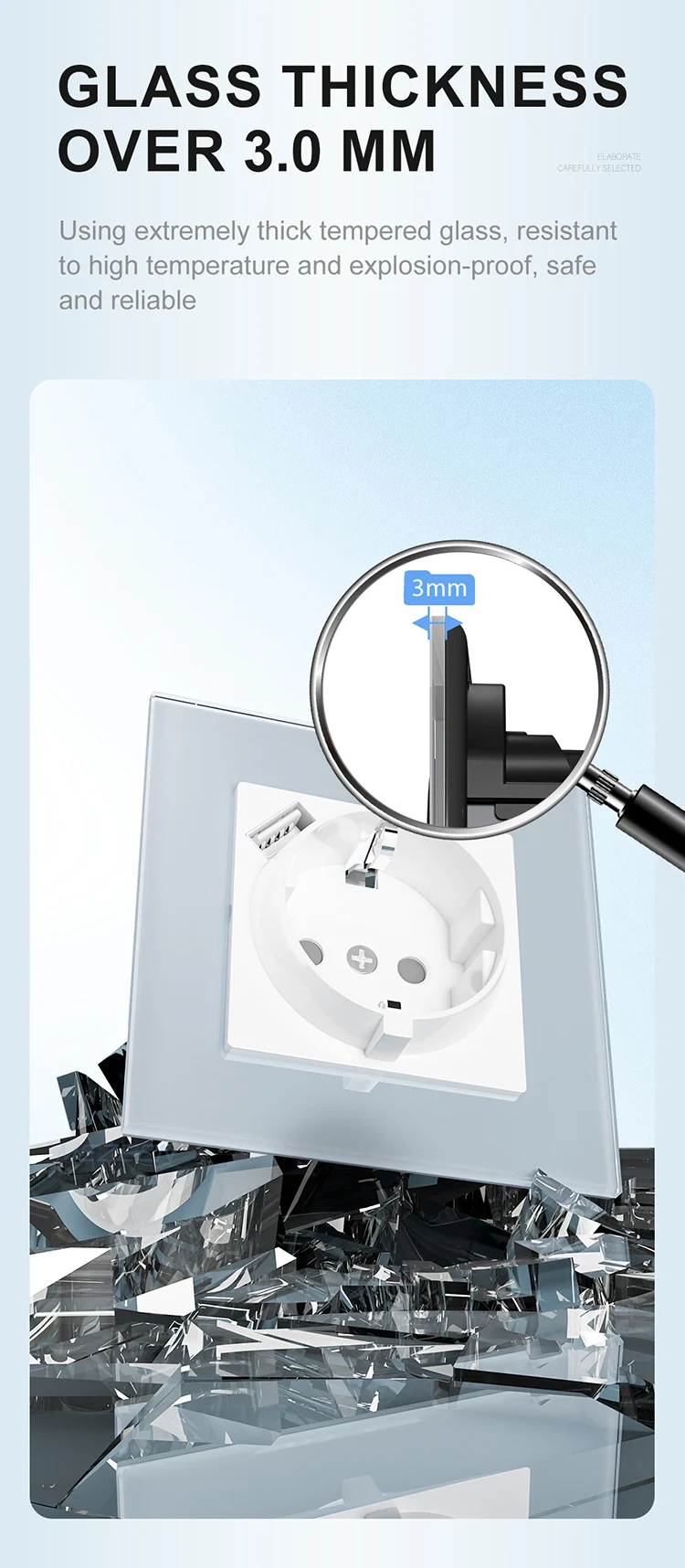 220V Schuko 2P+E Socket with USB A+C Ports - Glass Panel, Customizable OEM