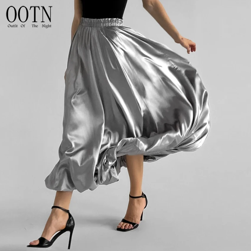 Ootn High Waist Long Silver Glossy Skirt Women Casual Solid Elegant ...