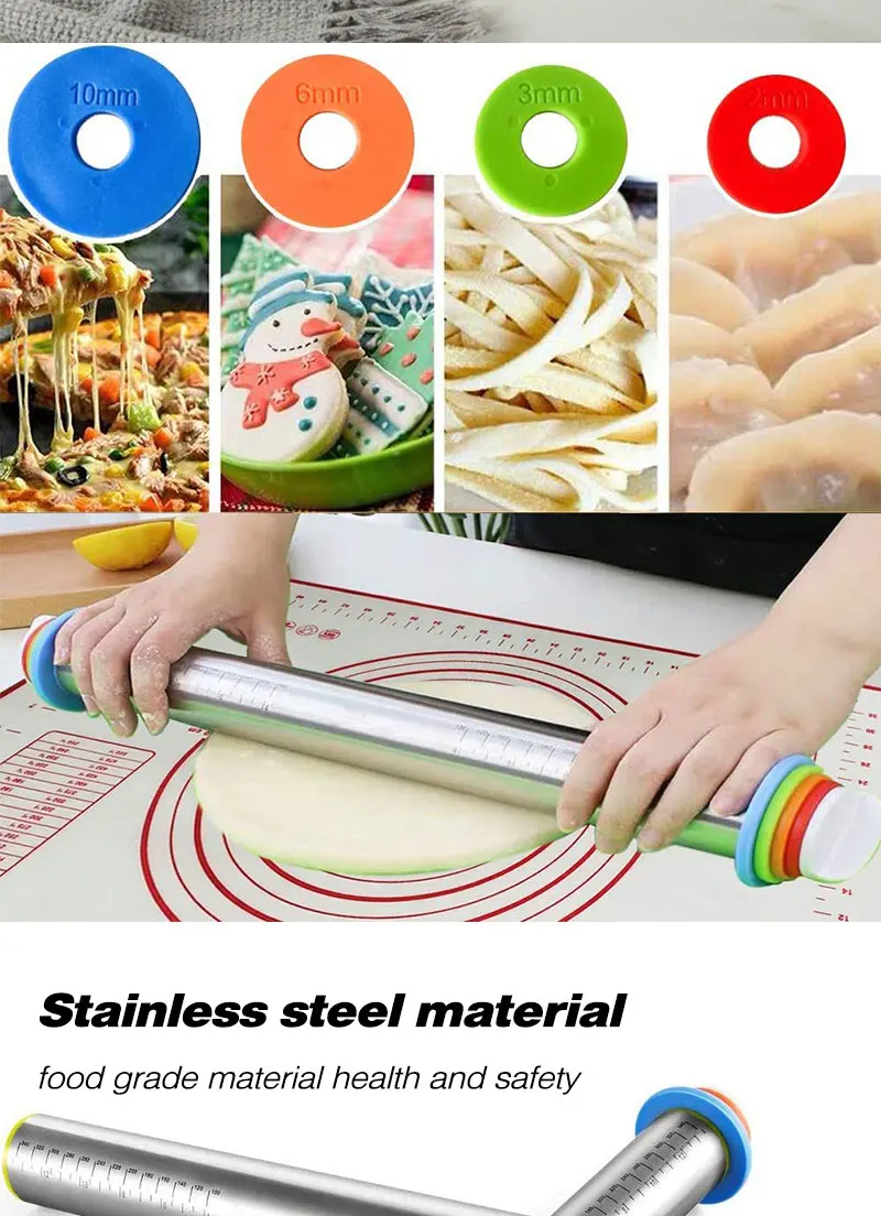Adjustable Rolling Pin With Thickness Rings Metal Dough Roller For ...
