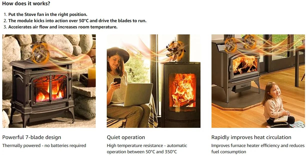 7 Blade Portable Wood Stove Fan Energy Saving for Fireplace Household ...