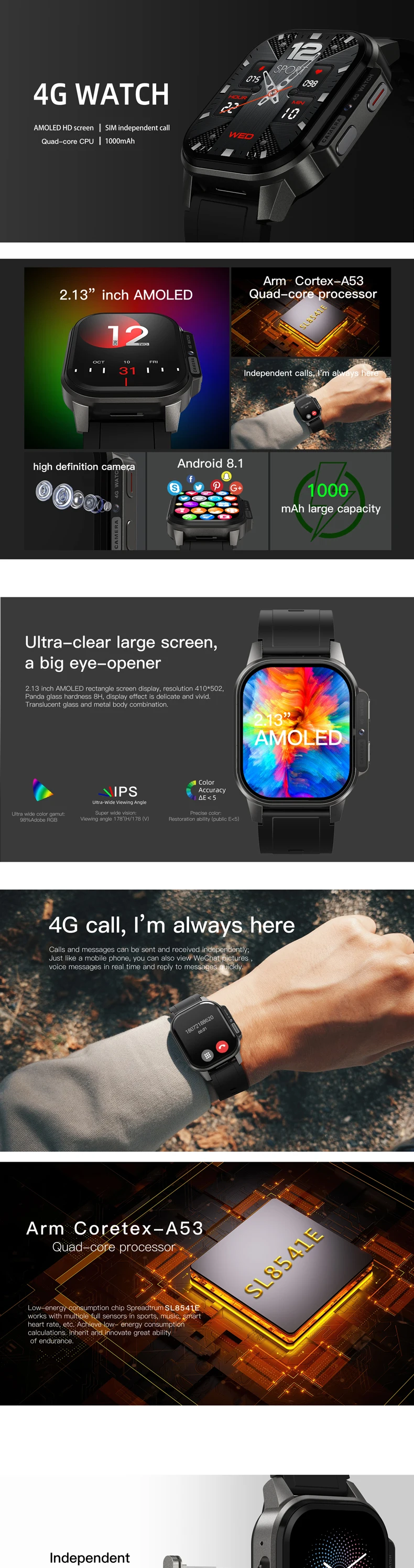 2.13inch AMOLED Smart Watch DM62 - Quad-Core 4G Android