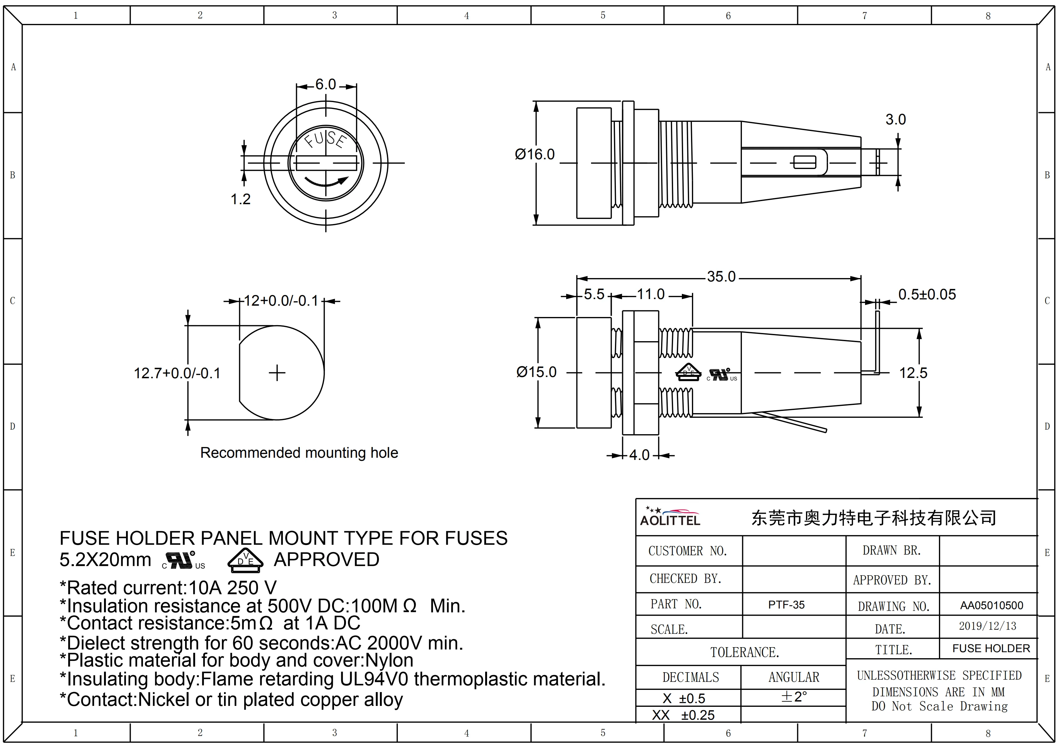 Ptf-35 Fuse Holder 250v Ac Dc 10a 5x20mm Fuse Holder Suitable For ...
