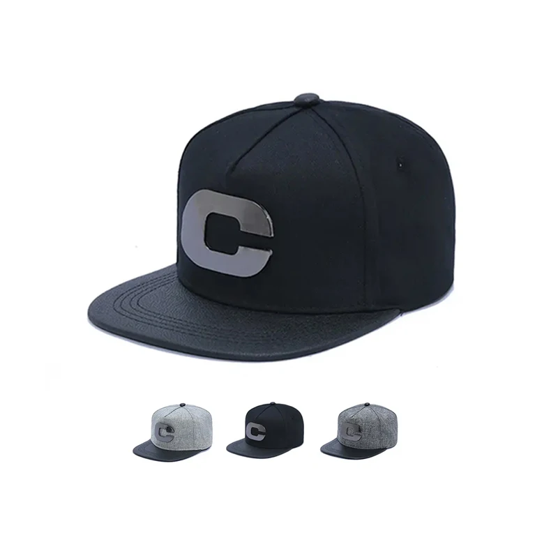 Outdoor 6 Panel Hats Hip Hop Cap Snapback Hat Metal logo Leather Brim ...