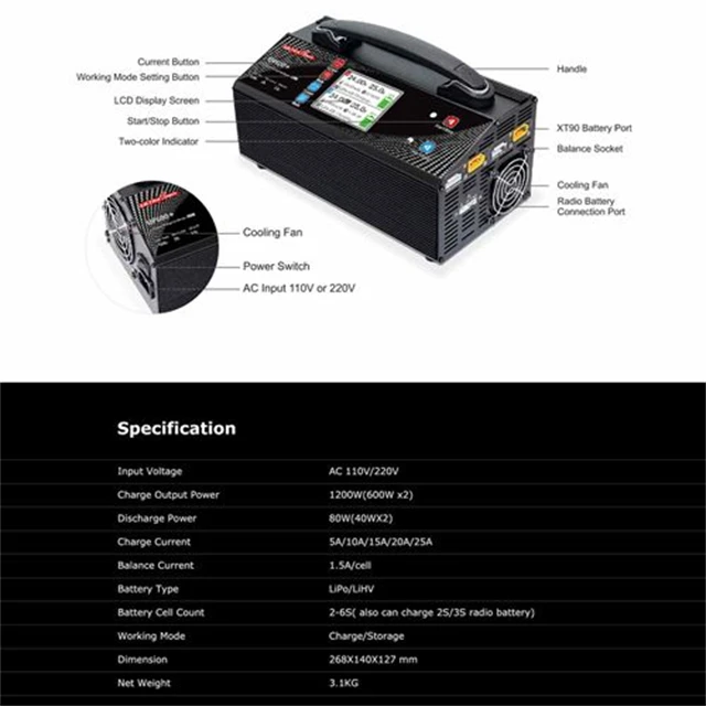 Ultra Power Up600+ Dual Channels 2-6s 2x600w Lipo Lihv Charger For Rc ...
