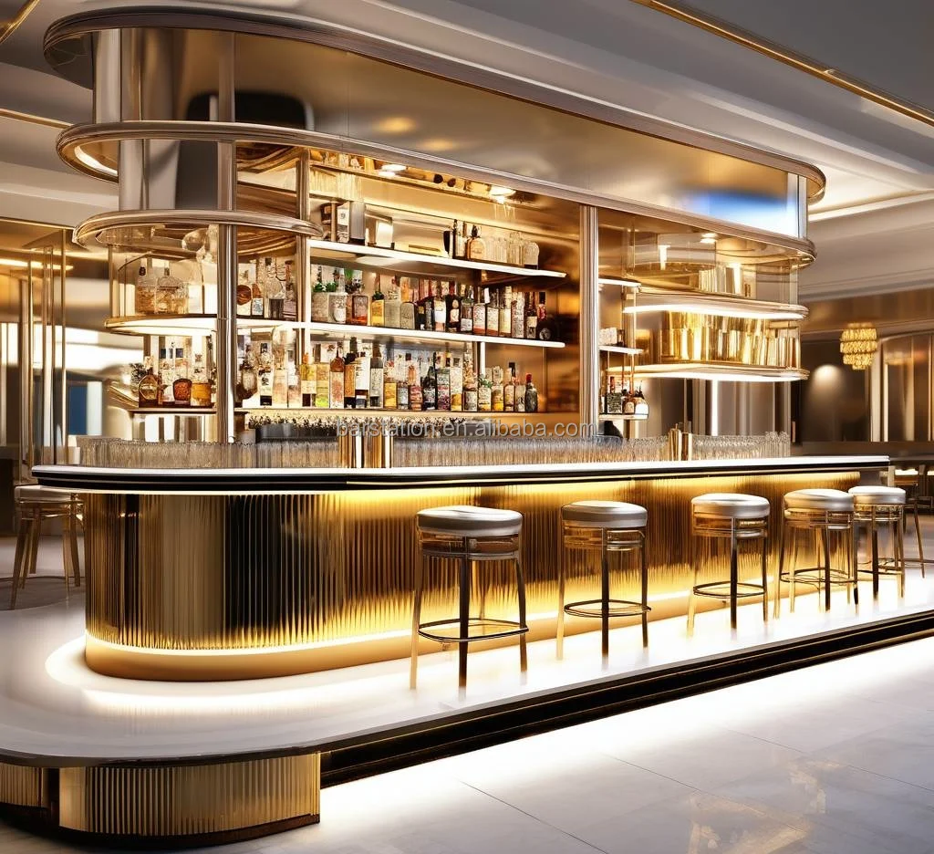Stainless Steel Golden Bar Counter - Durable Cocktail Station