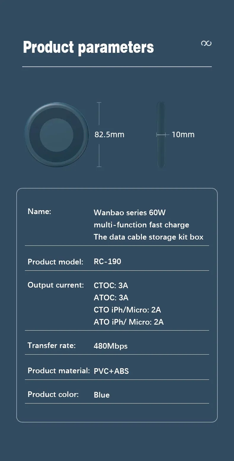 Mini Data Cable Set Storage Box with 60W Quick Charge