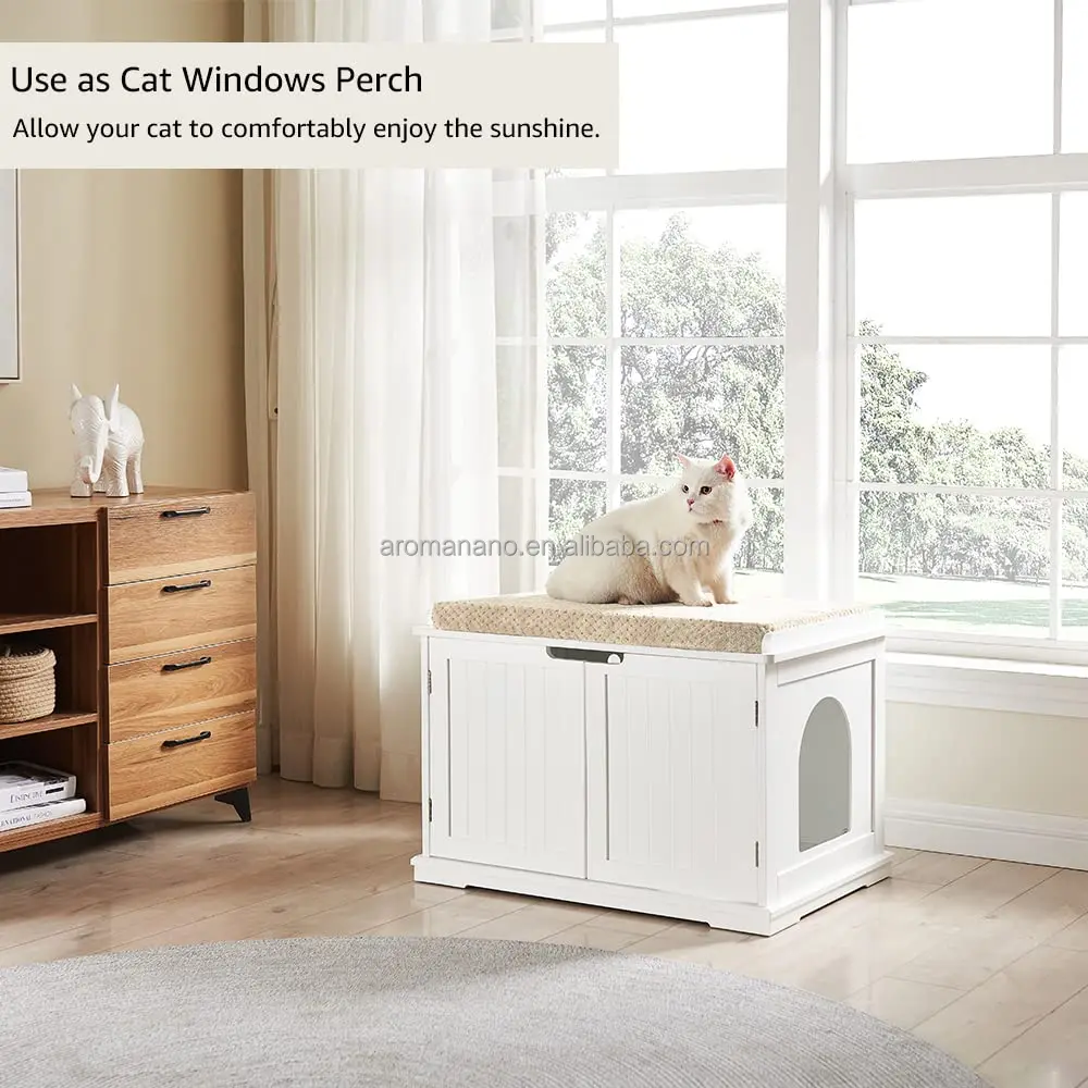 Cat Washroom Storage Bench Litter Box Cover Sturdy Wooden Structure ...