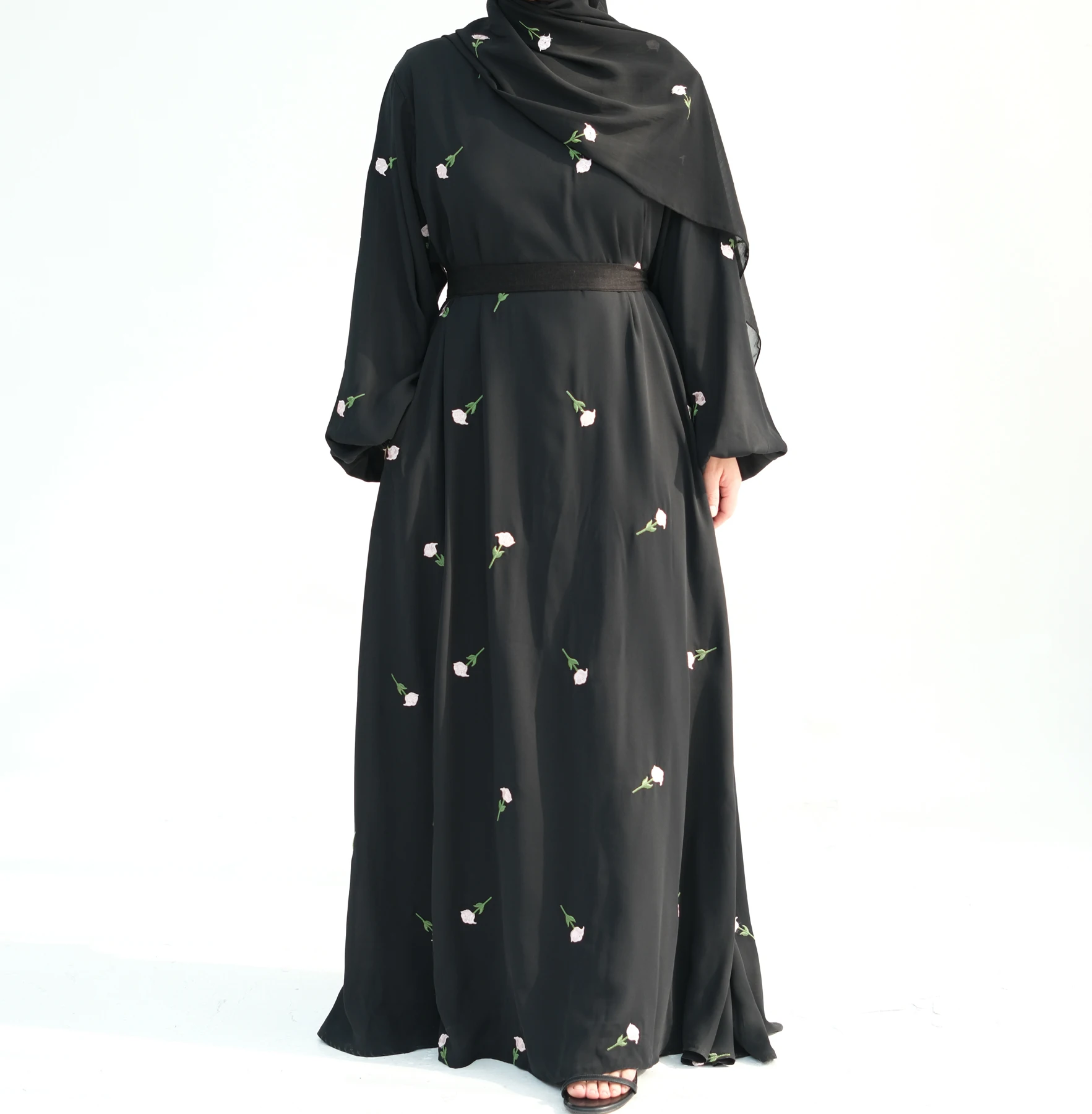 Loriya 2025 Black Abaya Flower Embroidery Nida Women Maxi Dress With Pockets Modest Muslim ...