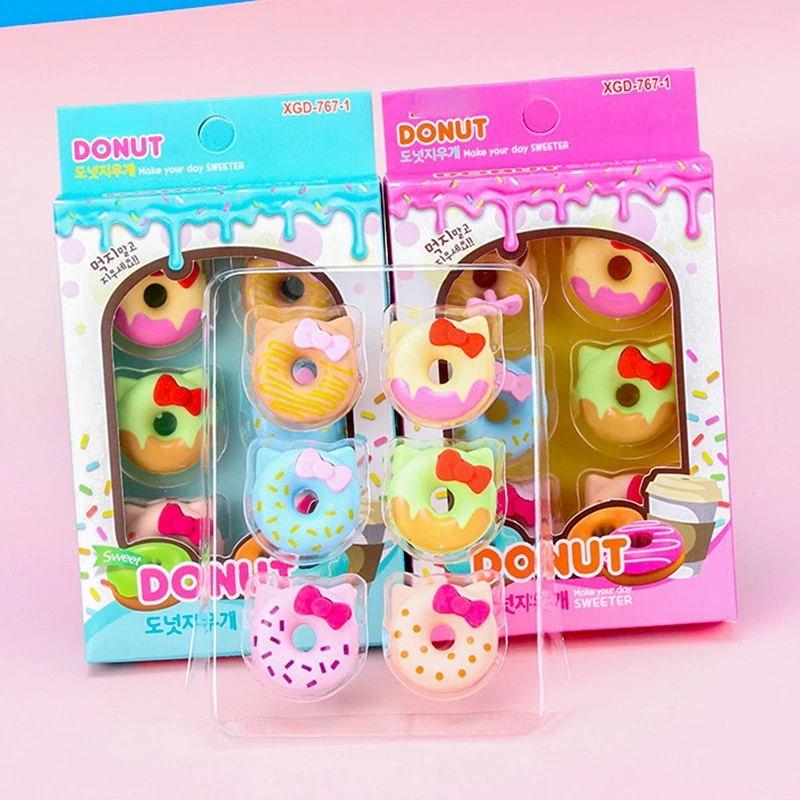 Cute Kawaii Creative Bow Cat Donut Eraser Shape School Kids Eraser Set ...