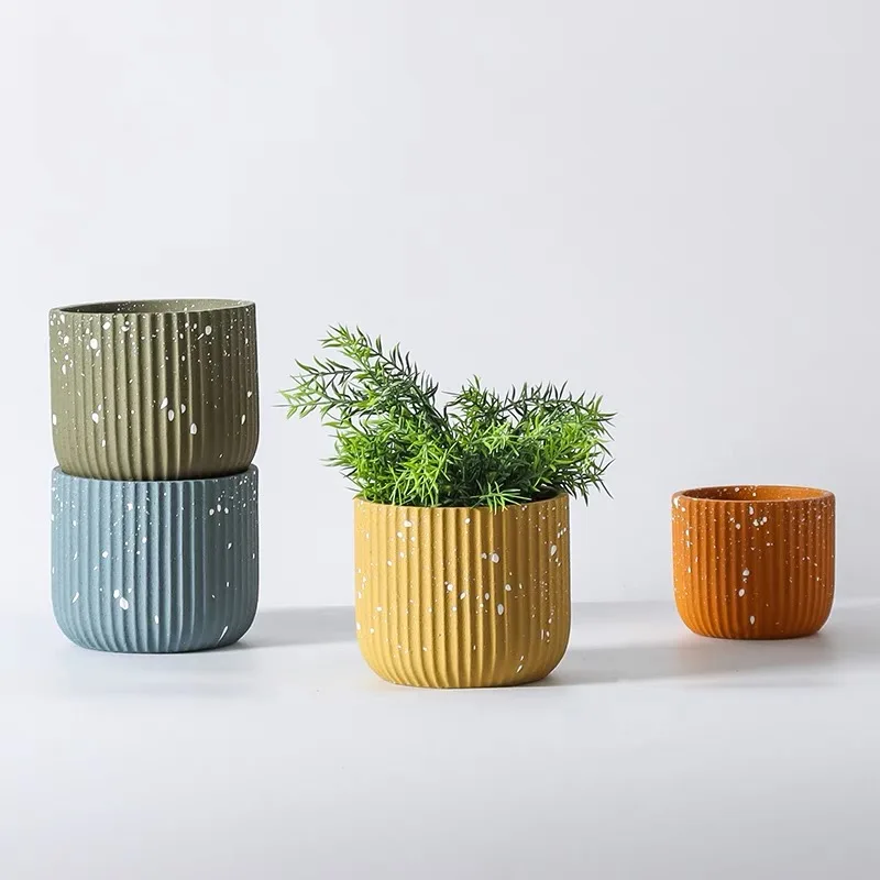 Hotel Desktop Decorative Stripe Flower Pot Nordic Cylinder Cement Plant ...