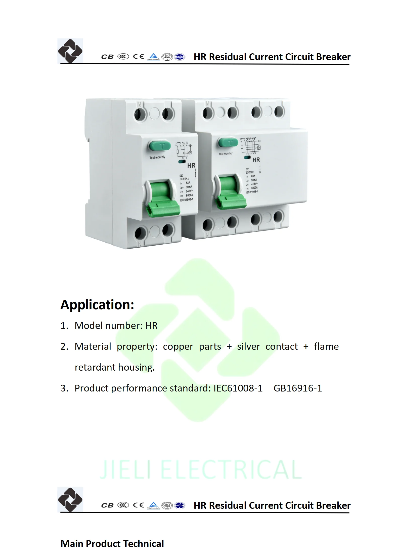 JIELI 2P Disconnector Circuit Breaker HR RCCB 240V MCB