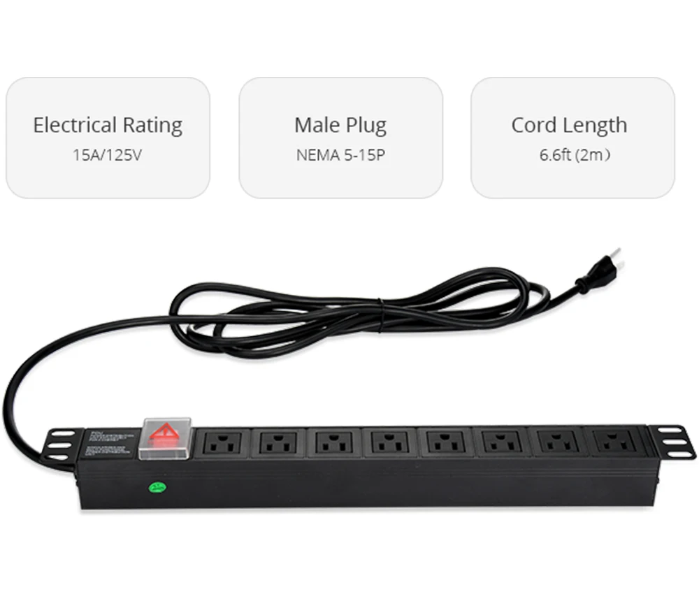 7 Ways IUSA NEMA 5-15P Sockets PDU with Switch Light 240V/15A 16AWG ...