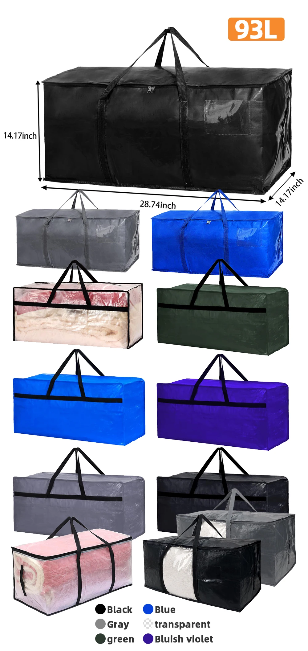 Durable 60l Clear Plastic Zippered Storage Bags For Blanket Clothes ...