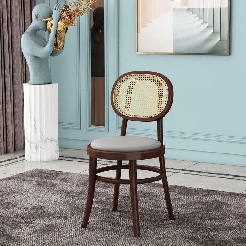 Nordic Solid Wood Round Back Rattan Woven Dining Chair Household Simple ...