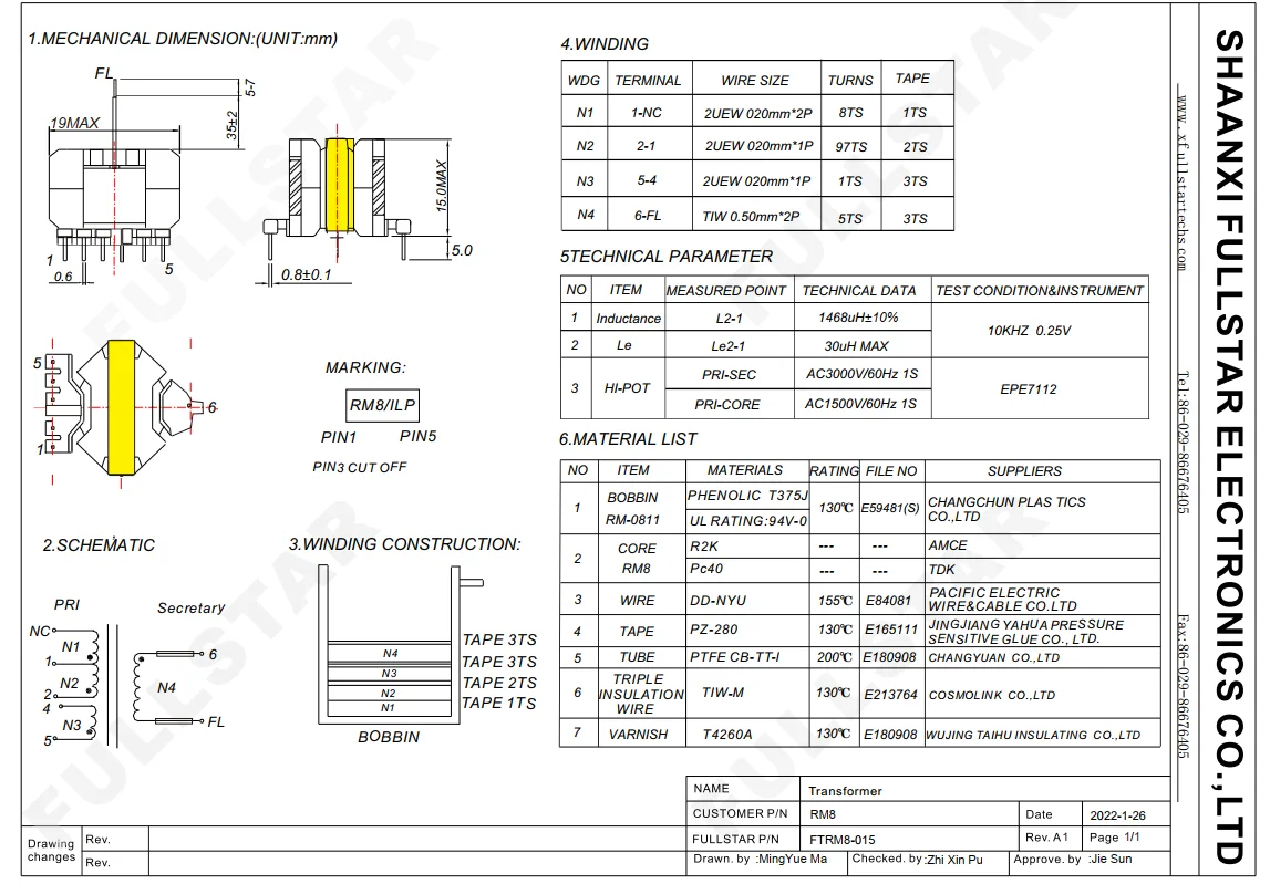 High Frequency Flyback SMPS Core Type Transformer RM8