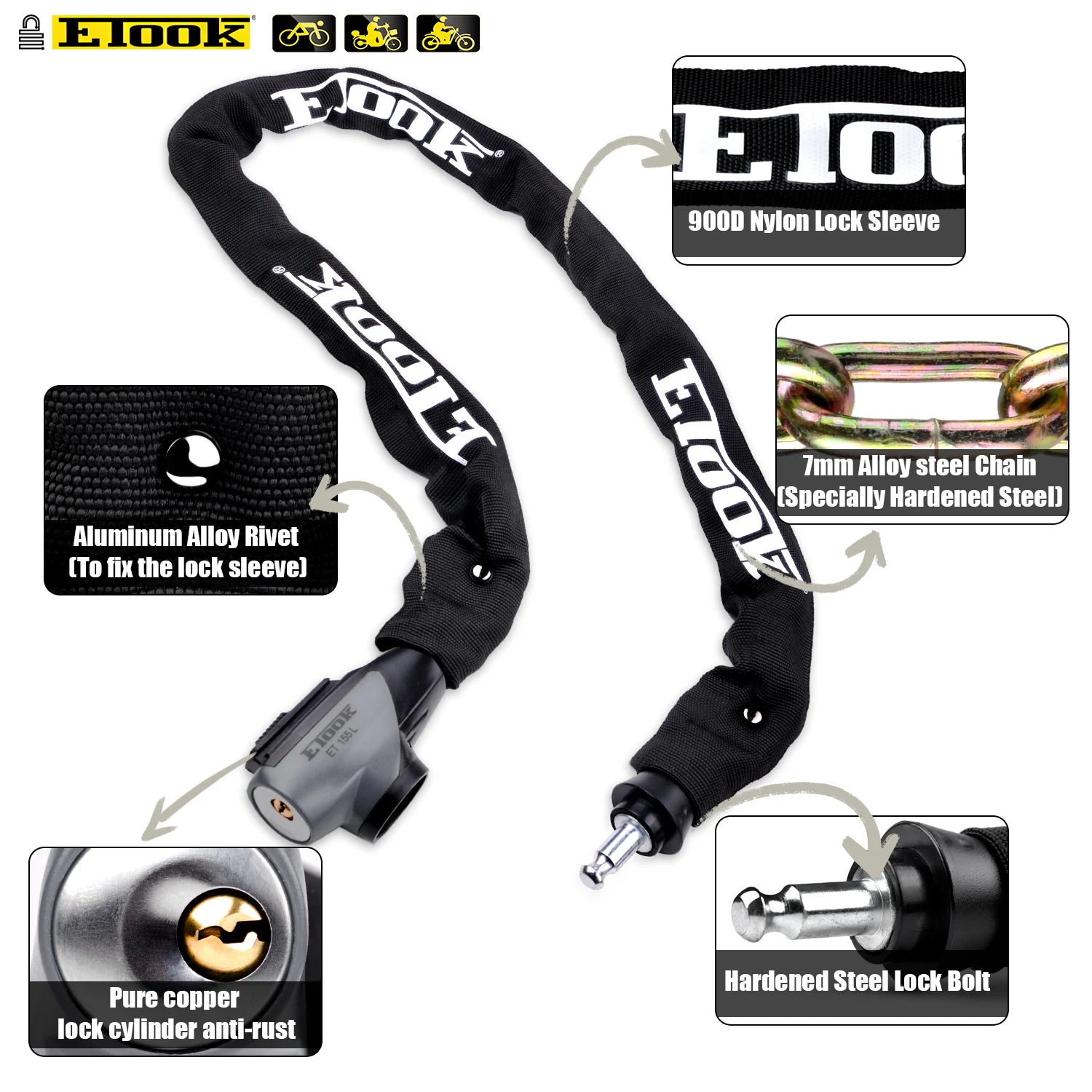 Bicycle Accessories Lock 8mm Thick Long Mountain Bike Chain Lock with ...