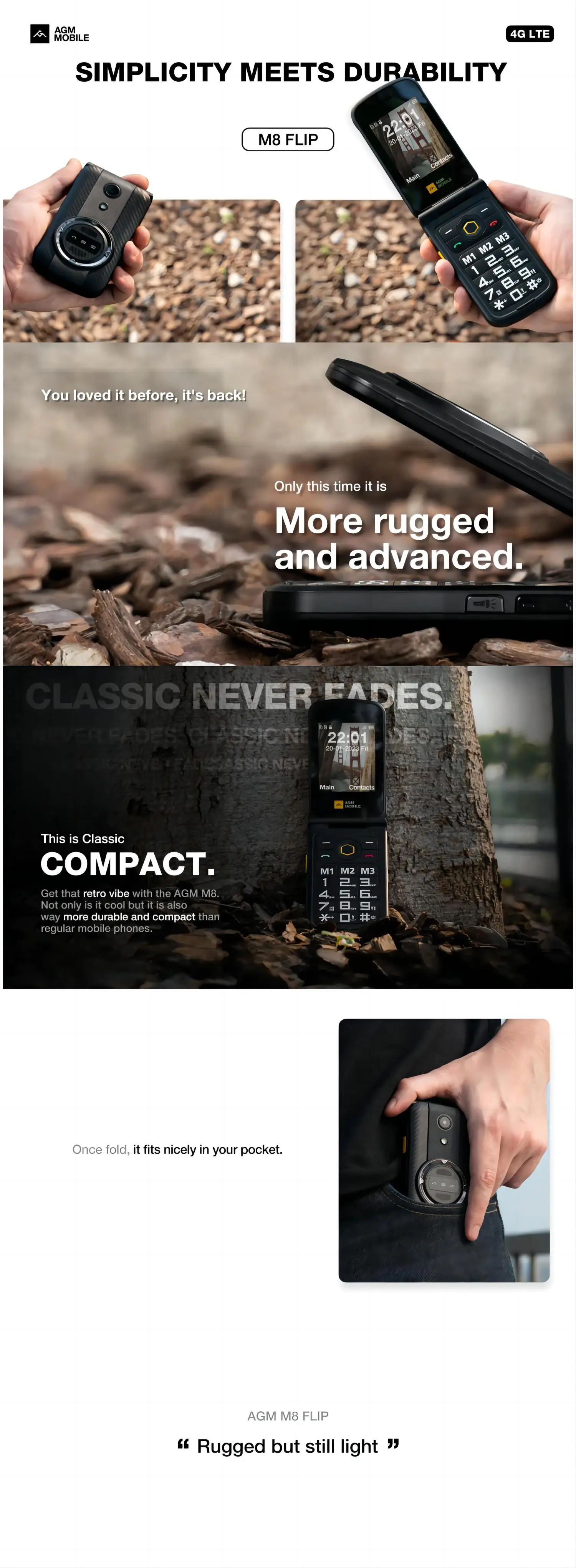 Agm M8 Flip Mobile Phone Elderly Feature Phone Sos Quick Call English ...