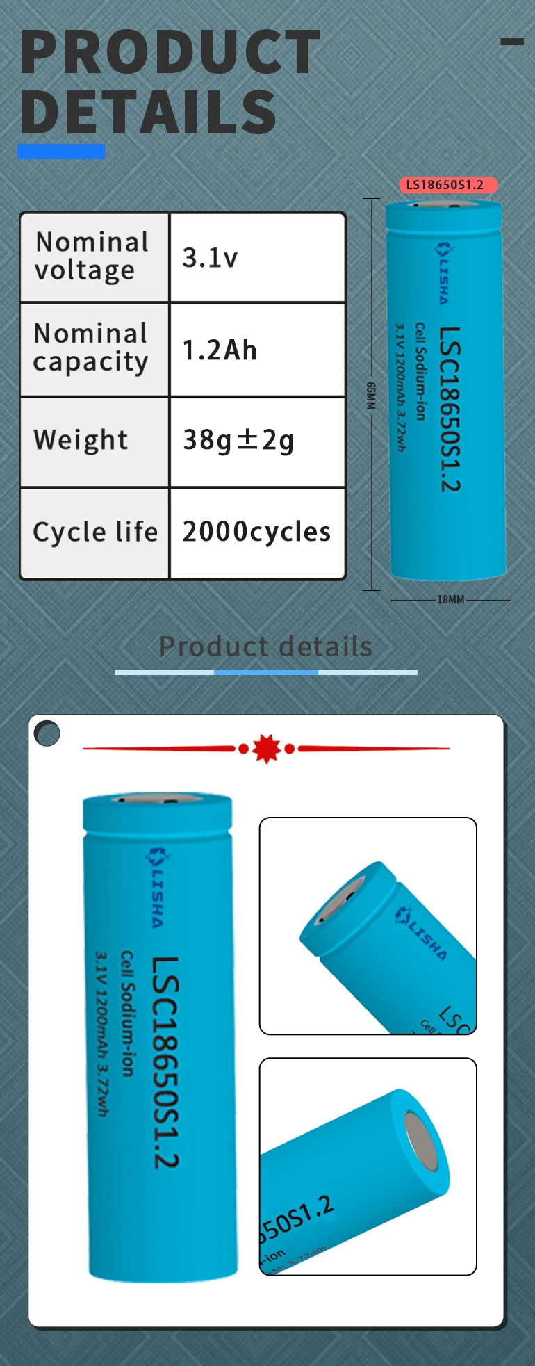 Lisha Factory Customized Long Lifespan Sodium Ion Battery 3.1v 1.2ah Na Ion Rechargeable Sodium ...