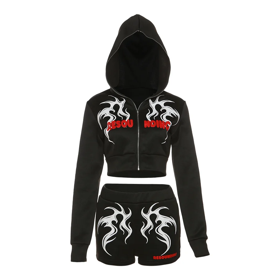 Kliou K23s38335 Long Sleeve Hooded Crop Tops Matching Shorts Street