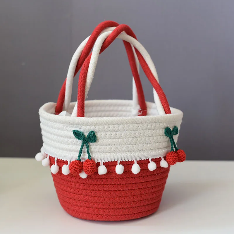 Ins Hot Cotton Rope Cherry Woven Handbag Handmade Women Versatile ...