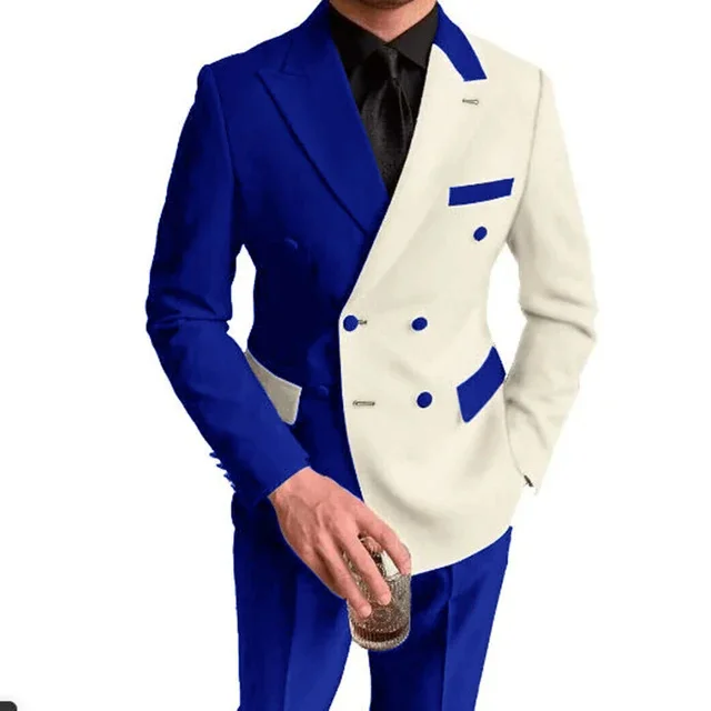 Black White Patchwork Men Suit - Slim Fit & Double Breasted