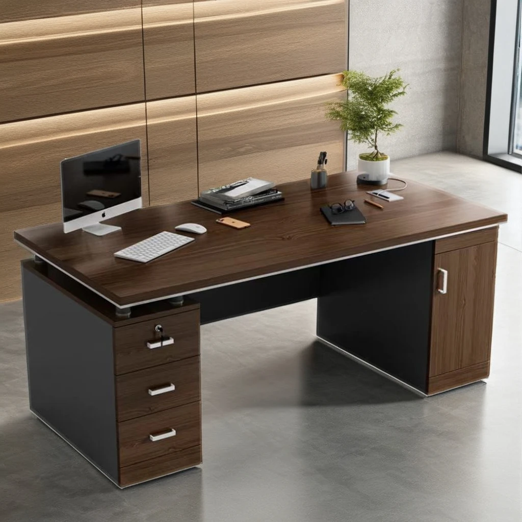 Modern Brown Wood Computer Desk with 2 Side Drawers for Home and Office ...