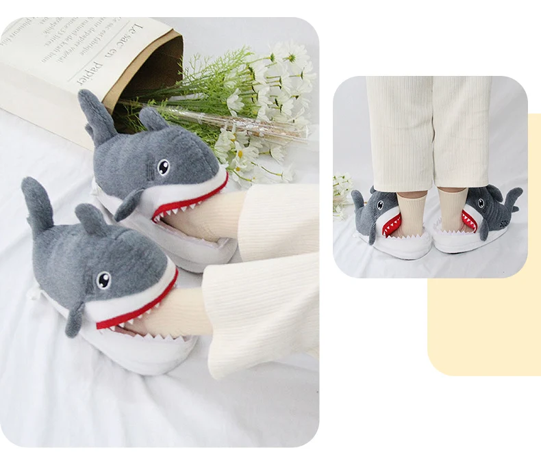 Funny Design Home Slippers Men Cute Cartoon Shark Unisex Winter Plush ...