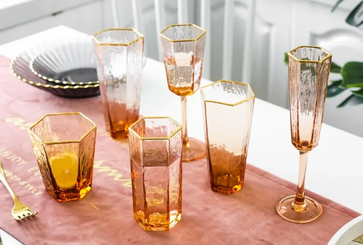 2023 Popular Colored Hammered Glassware Gold Rimmed Cup Different ...