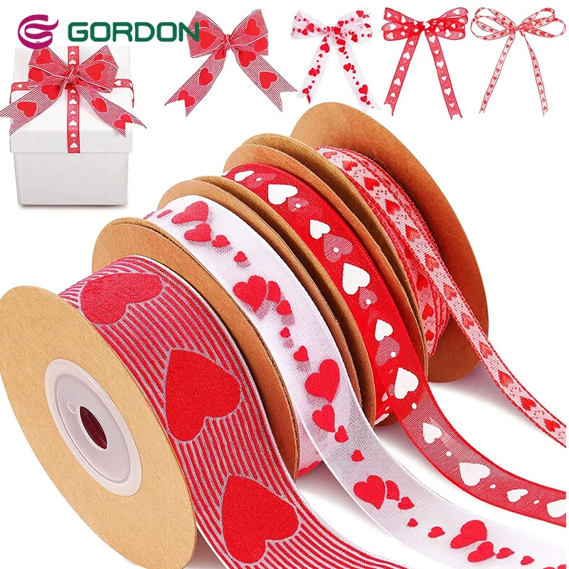 Gordon Ribbons Valentines Day Red Organza Sheer Ribbon Printed Heart ...