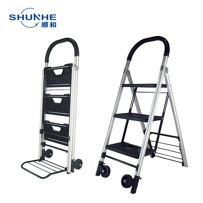 Collapsible 3 Steps Ladder 2-in-1 Hand Cart With Folding Two Wheels Fw ...