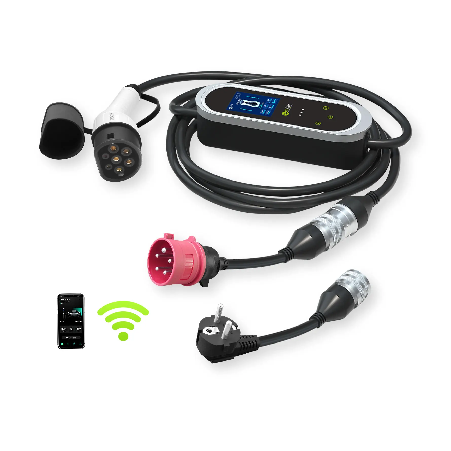 Mobile App Wifi 6 32A Electric Car Charger Zencar Evse Mode 2 Ev Charging Cable IEC62196 Type 2 with CEE 5pins Schuko Adapters Alibaba