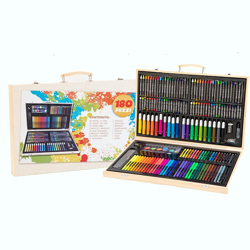 Wooden Art Box & Drawing Kit: 180-Piece Set with Crayons, Oil Pastels ...