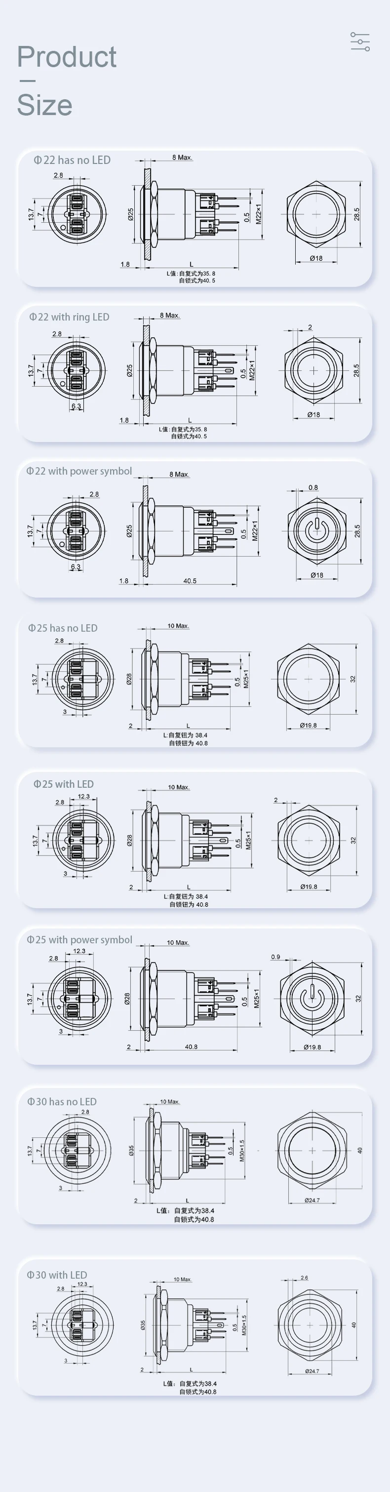 22mm Stainless Steel Metal Momentary Push Button Switch,ring Led, with ...