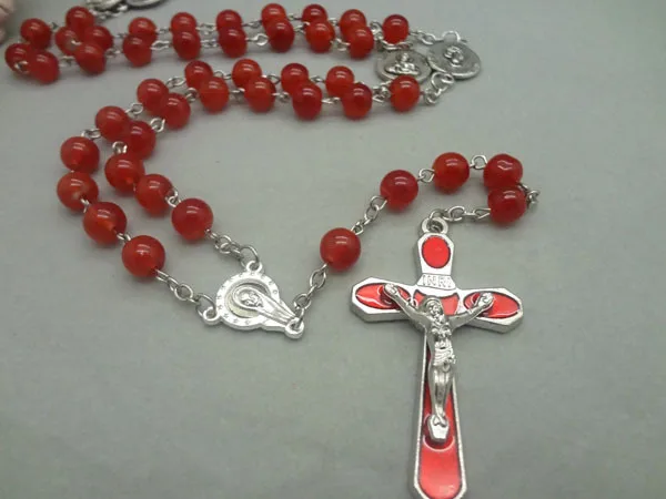 8mm Red Drip Special Cross Rosary Necklace Glass Christian Prayer ...