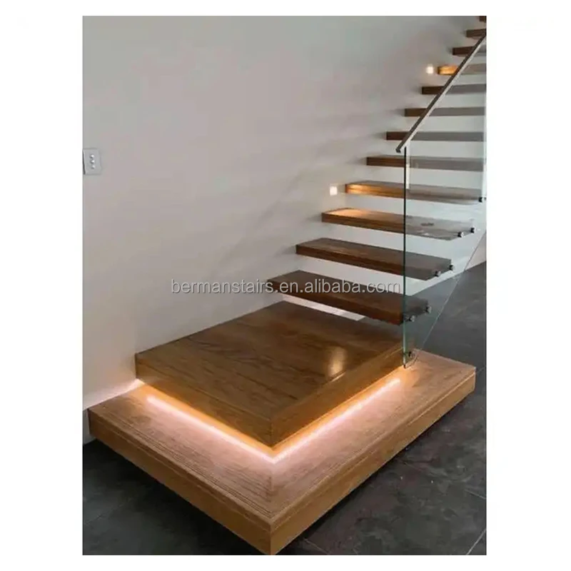 Luxury Modern Stair Glass Railing Led Light Floating Straight Stairs ...