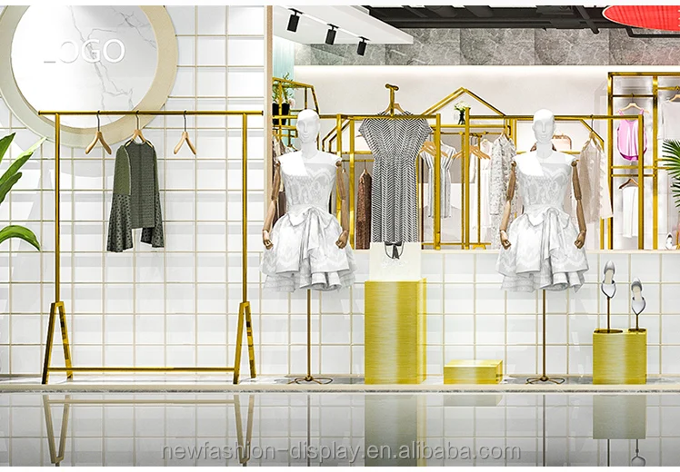 Custom Shiny Gold Stainless Steel Clothes Stand Apparel Garment Display ...