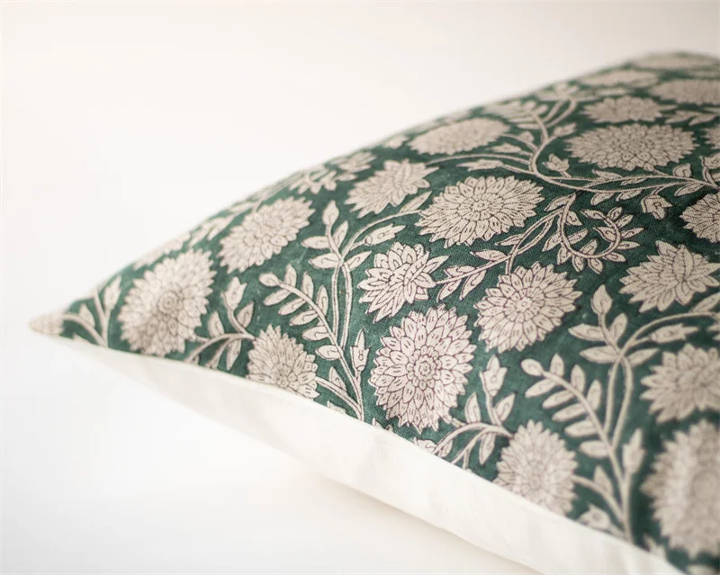 Antique Blue Floral Block Pattern Print on Natural Linen and Cotton ...