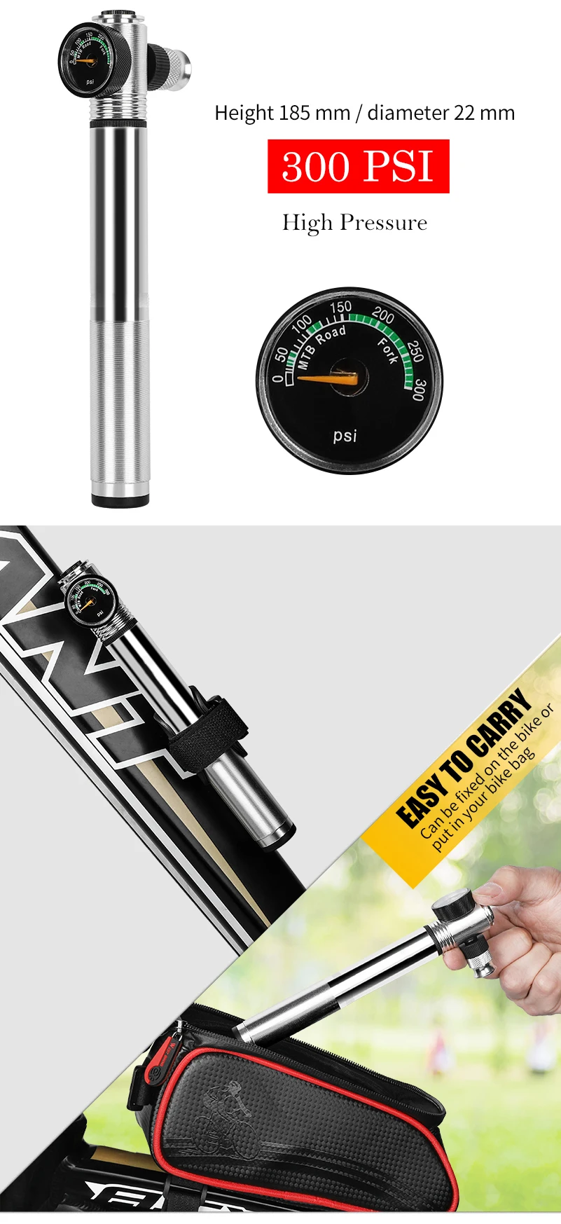 Double Action 300psi Mini Aluminum Bicycle Air Pump With Pressure Gauge ...