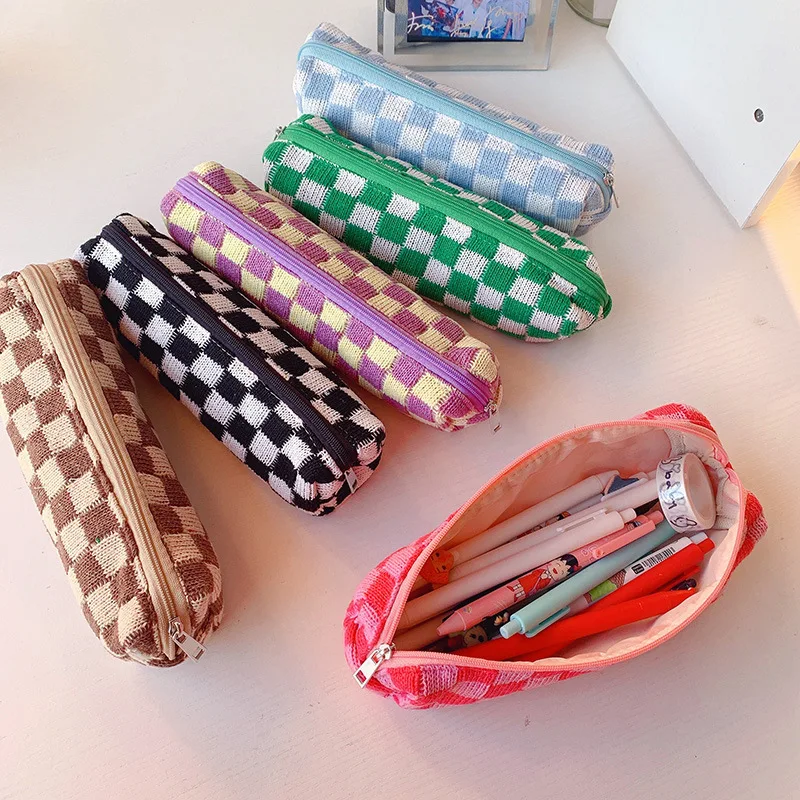 Student Checkered Pen Bag College Girls Pencil Case Cute Checkered ...