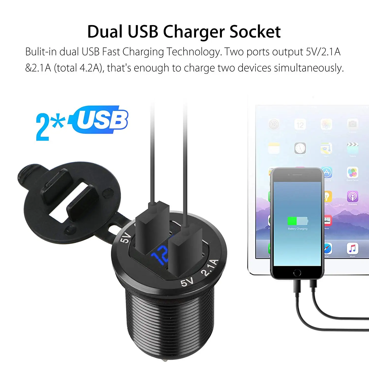 Black 5v 2.1a Dual Usb Charger Socket Car Usb Port 12v Charger Bus For ...