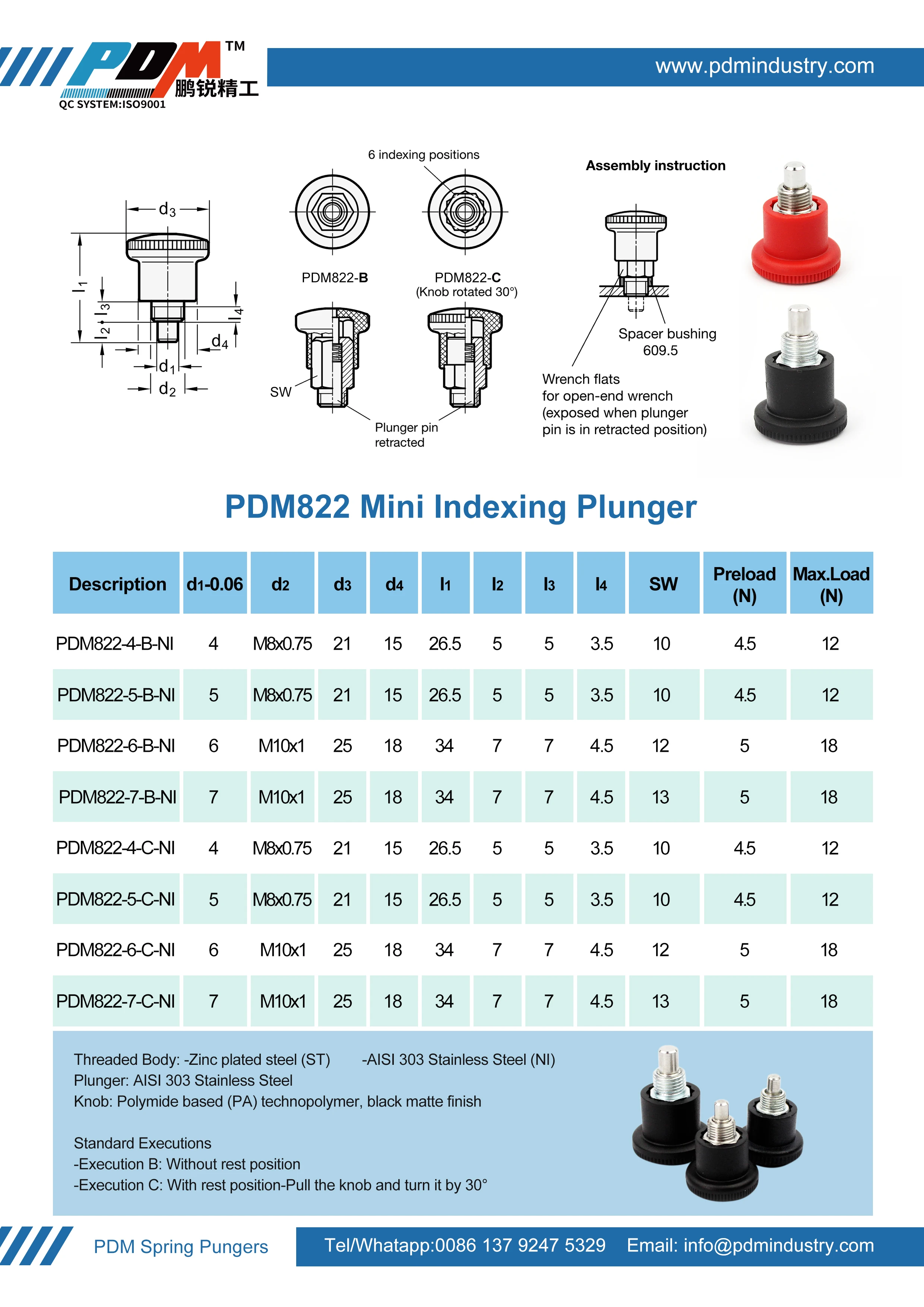 Stainless Steel Spring Loaded Indexing Plunger - PDM