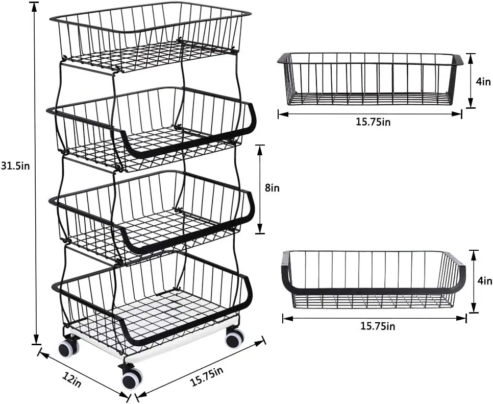 4 Tier Stackable Storage Baskets, Metal Wire Fruit Vegetable Basket ...